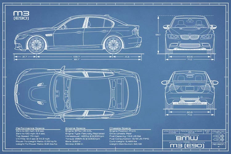 BMW M3 (E90) Blueprint Canvas Wall Art by Action Blueprints | iCanvas