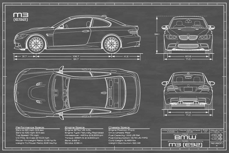 BMW M3 (E92) Black Canvas Wall Art by Action Blueprints | iCanvas
