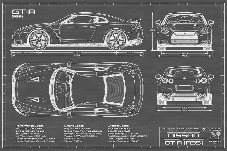 Nissan GT-R (R35) Skyline | Blac - Canvas Wall Art | Action Blueprints