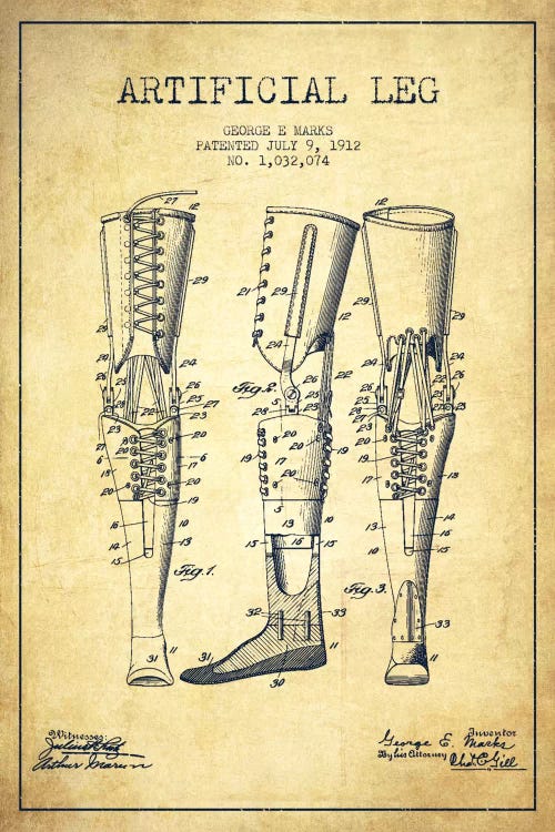 Artificial Leg Vintage Patent Blueprint - Canvas Wall Art | Aged Pixel