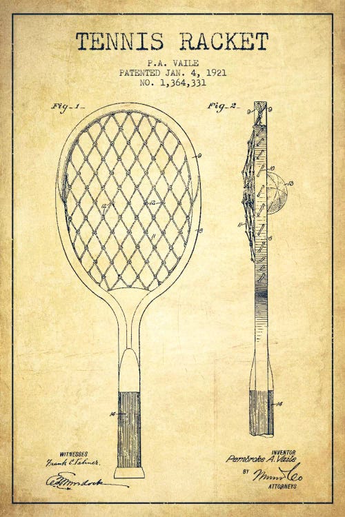 Tennis Racket Vintage Patent Blueprint - Canvas Wall Art | Aged Pixel