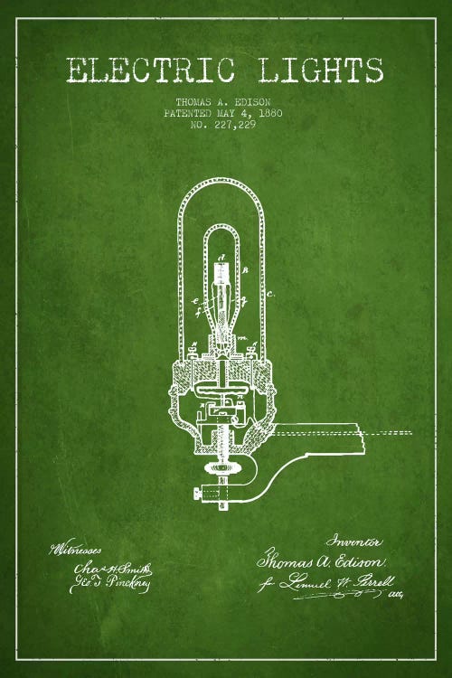Electric Lights Green Patent Blueprint - Canvas Wall Art | Aged Pixel