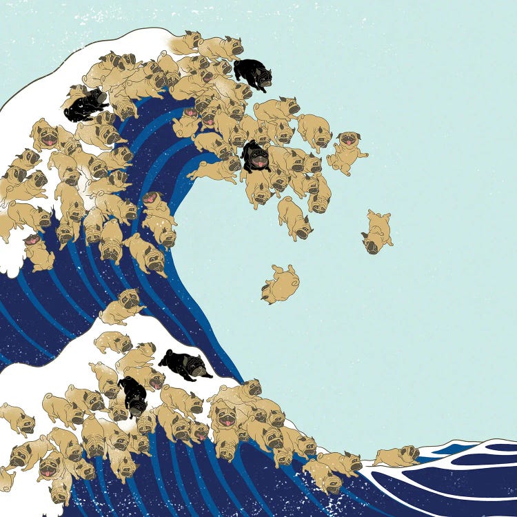 Pug The Great Wave In Blue Canvas Wall Art by Big Nose Work | iCanvas