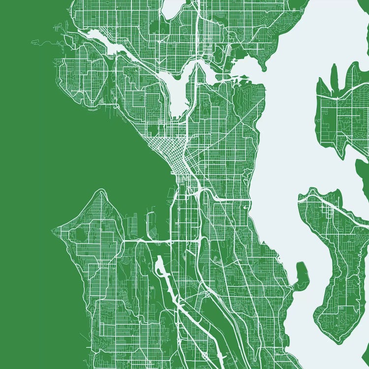 Seattle Urban Roadway Map (Green) Canvas - Canvas Wall Art | Urbanmap