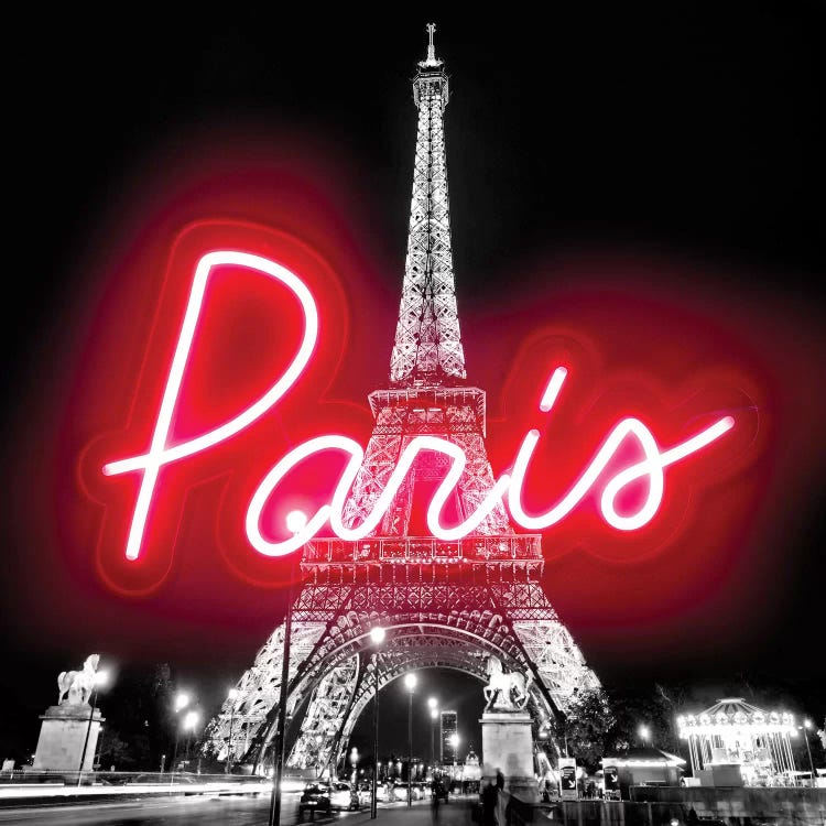 Neon Paris Red On Black Canvas Wall Art by Hailey Carr | iCanvas