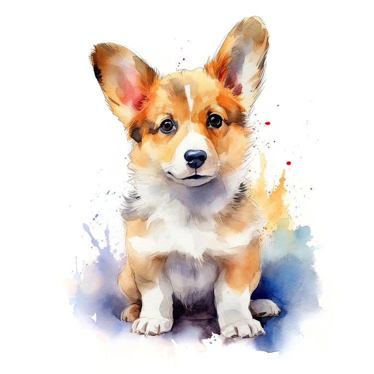 Welsh Corgi Puppy Watercolour Canvas Wall Art by Jane Rix | iCanvas