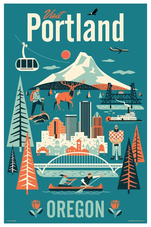 Portland Travel Poster Canvas Wall Art by Jim Zahniser | iCanvas