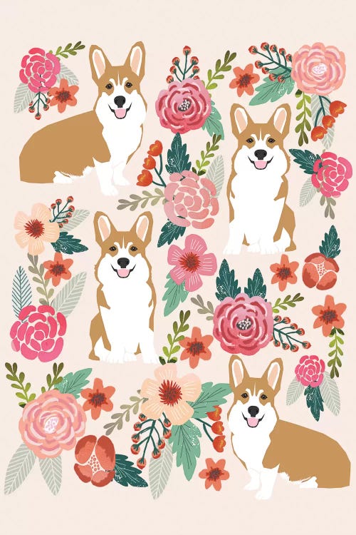 Corgi Floral Collage I Canvas Wall Art by Pet Friendly | iCanvas