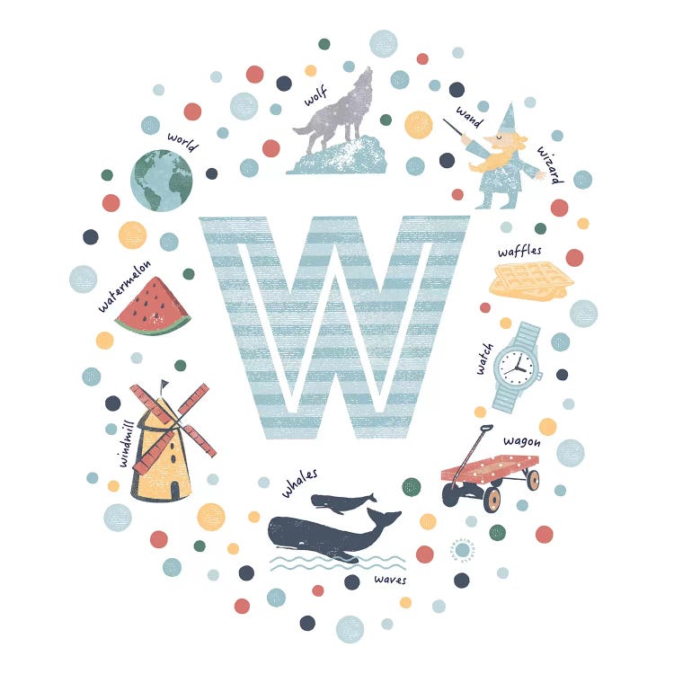 Illustrated Letter W Blue Canvas - Canvas Wall Art | PaperPaintPixels
