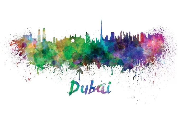 Dubai Skyline In Watercolor Canvas Wall Art by Paul Rommer | iCanvas