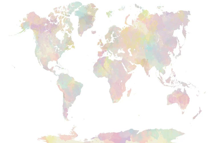 World Map In Pastel Color Watercolor V - Canvas Wall Art | Paul Rommer