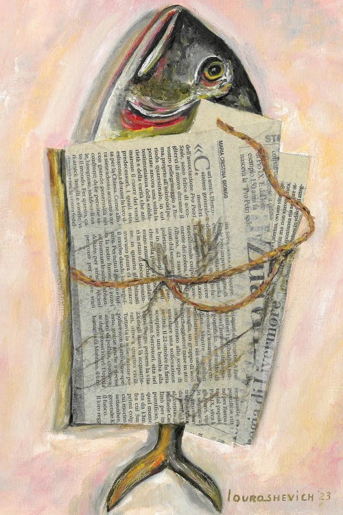 Fish Wrapped In Newspaper Canvas Wall Art by Katia Ricci | iCanvas