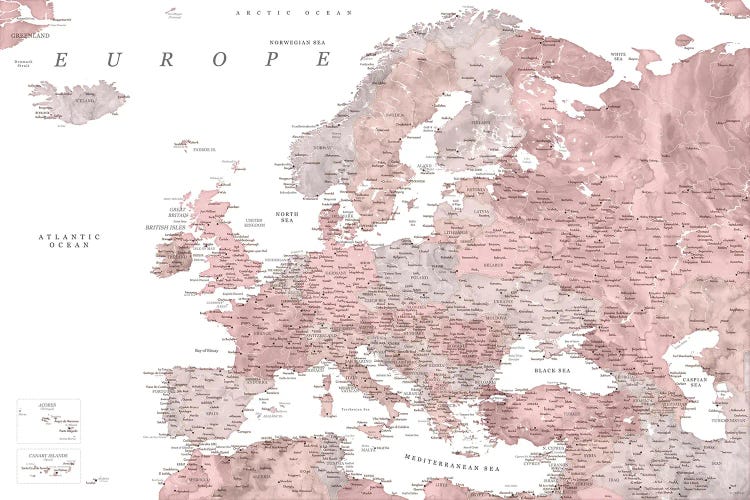 Detailed Map Of Europe In Dusty Pink Wat - Canvas Wall Art | blursbyai