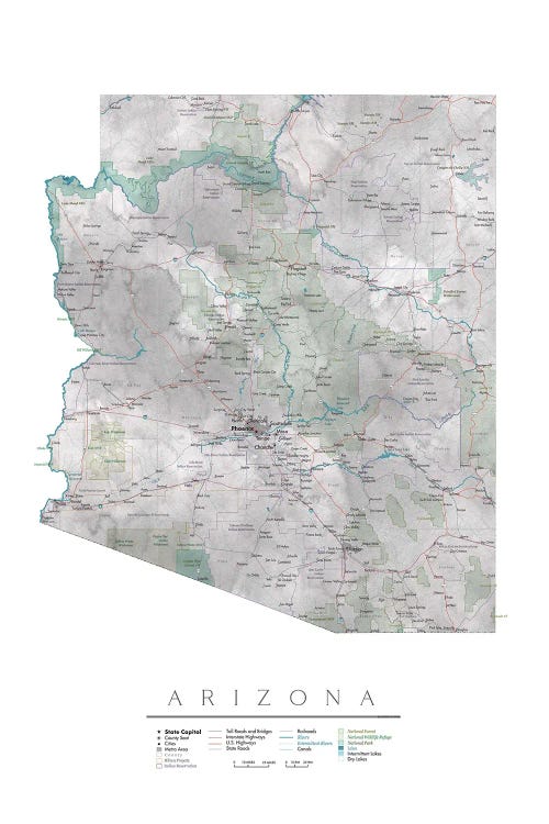 Detailed Map Of Arizona Canvas Wall Art by blursbyai | iCanvas