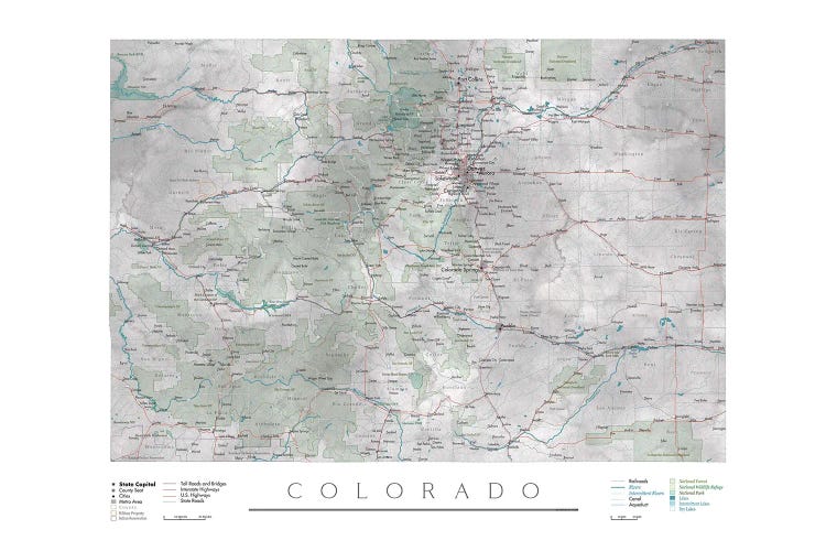 Detailed Map Of Colorado Canvas Wall Art by blursbyai | iCanvas