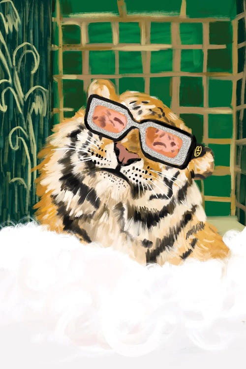 Bubble Bath Tiger In Gucci Glasses Canvas Wall Art by SKMOD | iCanvas