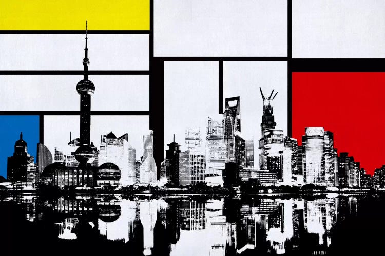 Shanghai, China Skyline with Primary Colors Backg - Canvas Wall Art