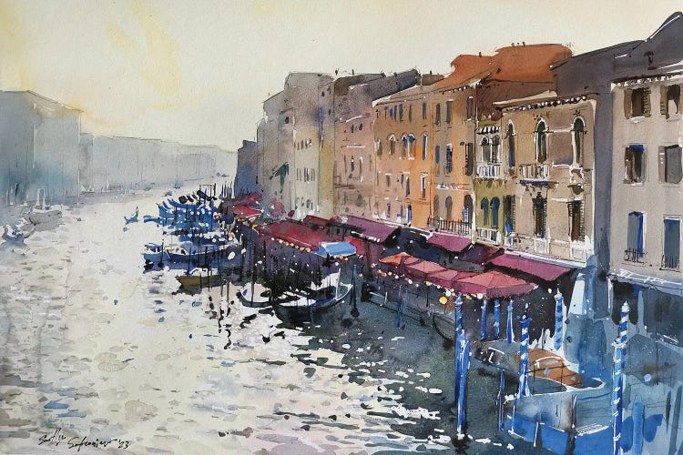 Painting River And Bushes Along The - Canvas Wall Art | Valery Rybakow