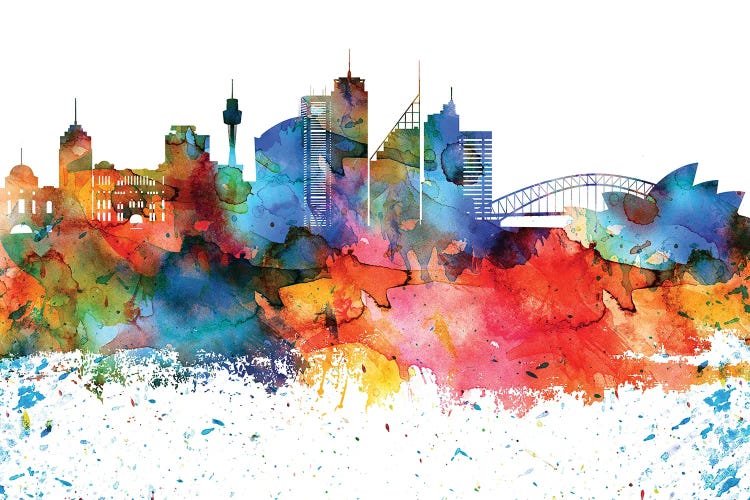 Melbourne Colorful Watercolor Skyl - Canvas Wall Art | WallDecorAddict