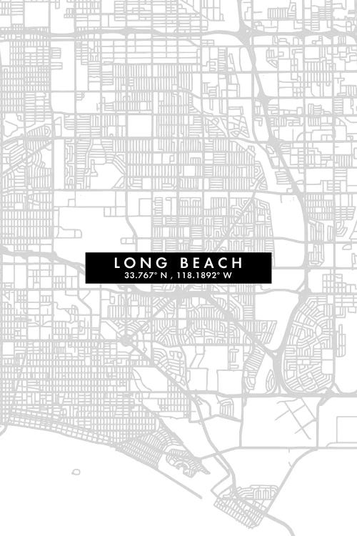 Long Beach City Map Black White Gr - Canvas Wall Art | WallDecorAddict