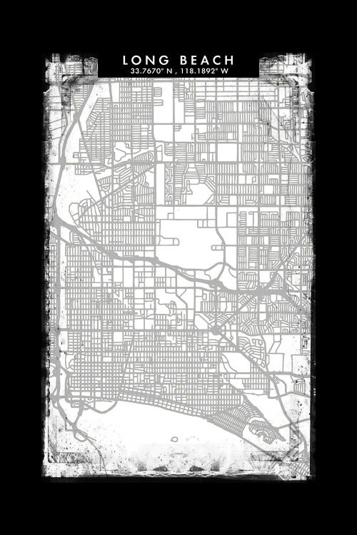 Long Beach City Map Black White Gr - Canvas Wall Art | WallDecorAddict