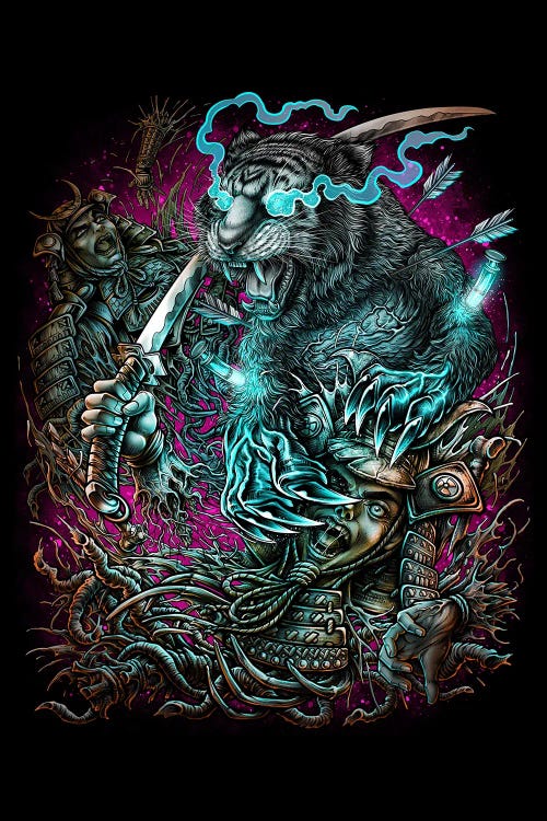 Mutant Tiger Vs Samurai Canvas Wall Art by Winya Sangsorn | iCanvas